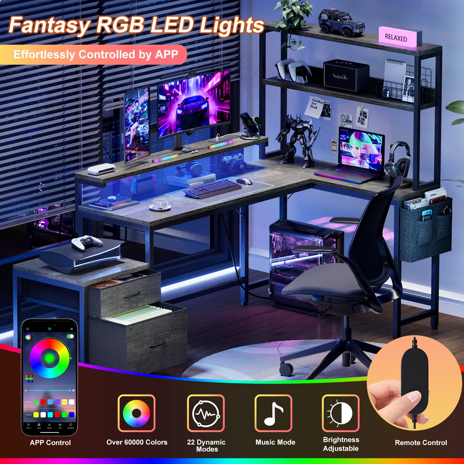 GUNAITO 71" L Shaped Desk with 2 Drawers & shelves,Corner Desk with LED ...