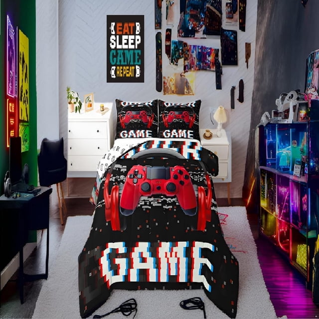 QUTETN Moderne Noir Bleu Joystick de Jeu Couettes et Duvets Grand Lit ...