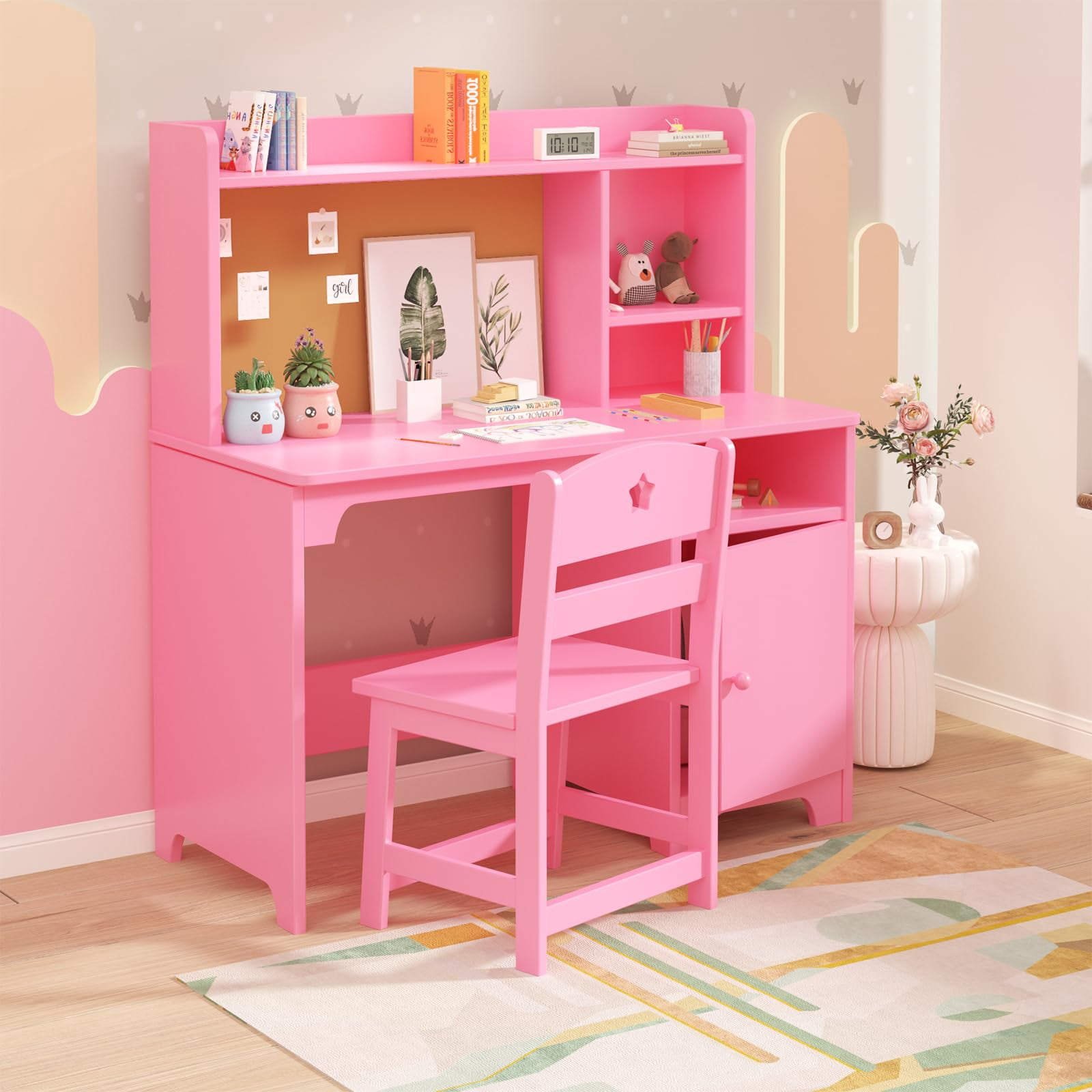 Kids Desk and Chair Set, Wooden Study Desk for Kids with Hutch and ...
