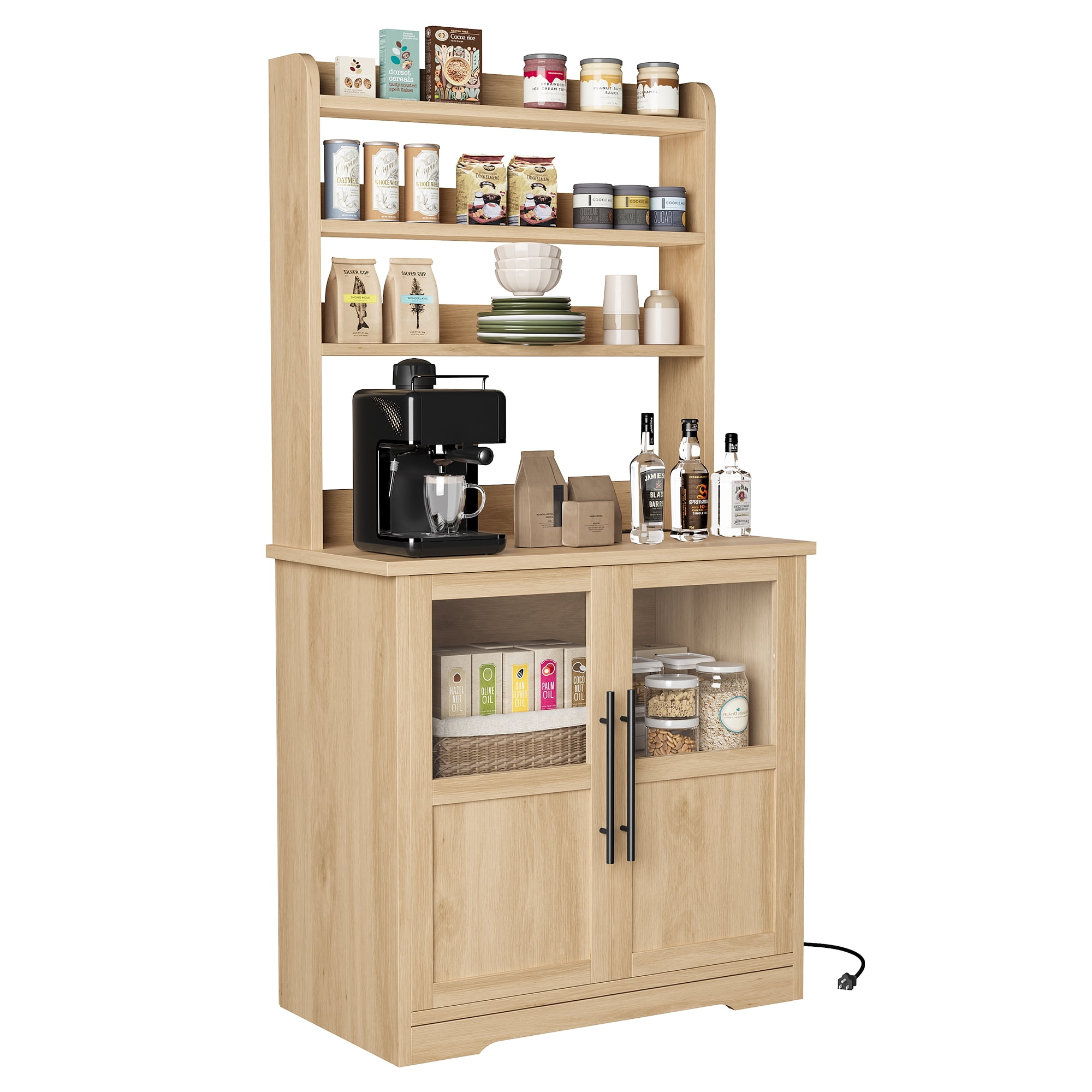 Farmhouse Bakers Rack with Charging Station & Glass Door Cabinet ...