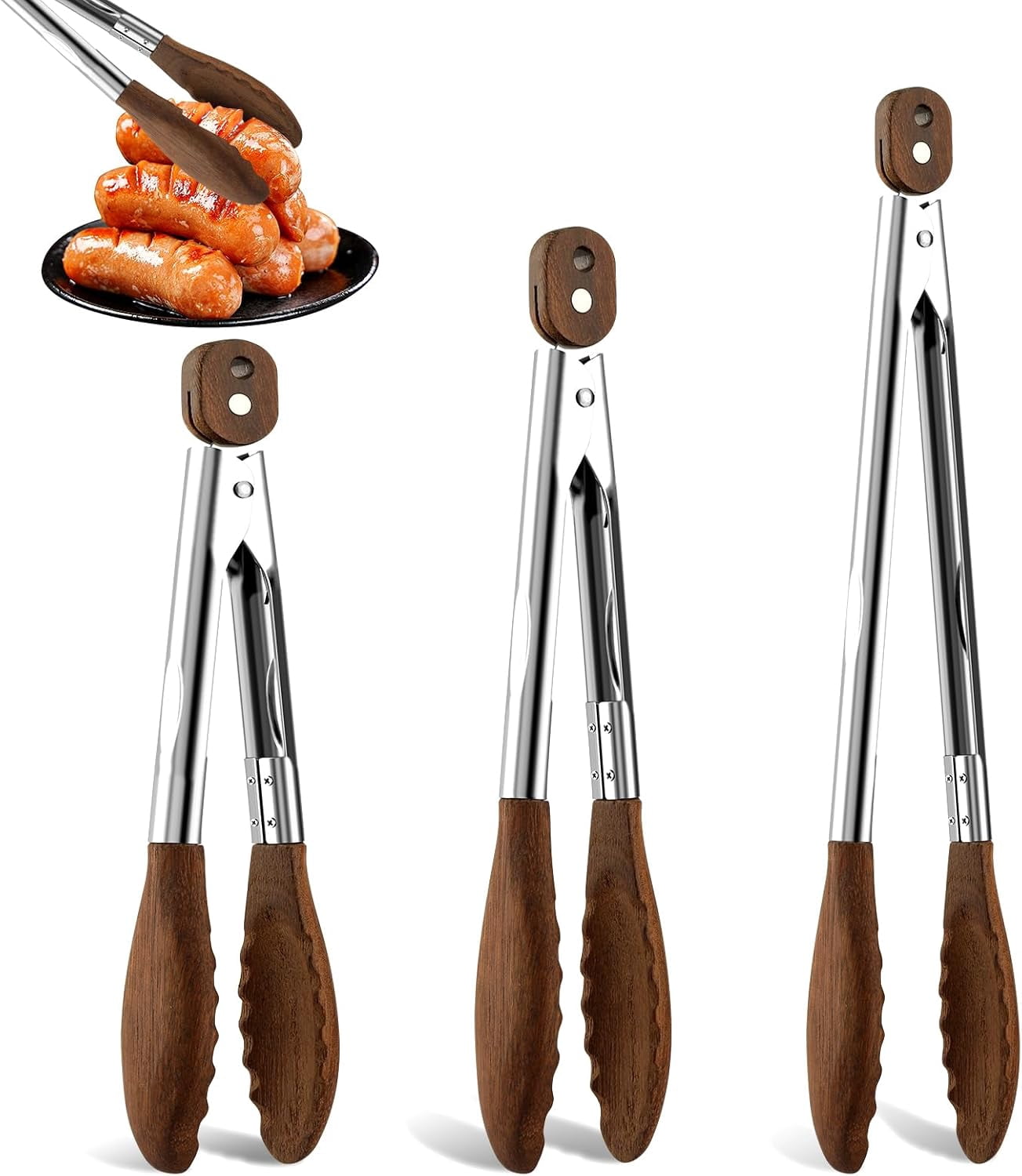 Wooden Tongs for Cooking Set of 3-7, 9, 12 inch Natural Walnut Kitchen ...
