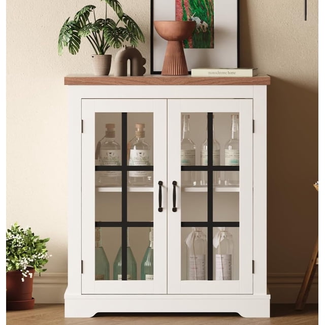 Modern Buffet Cabinet with Storage, Glass Doors & Built-in Power Outlet ...