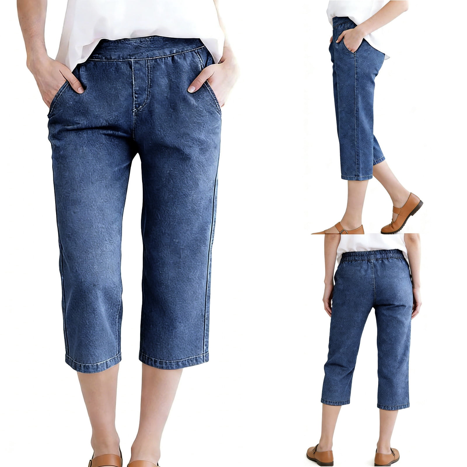 HongQid Jeans Capri pour Femmes Taille Haute Tendance à Enfiler Taille ...