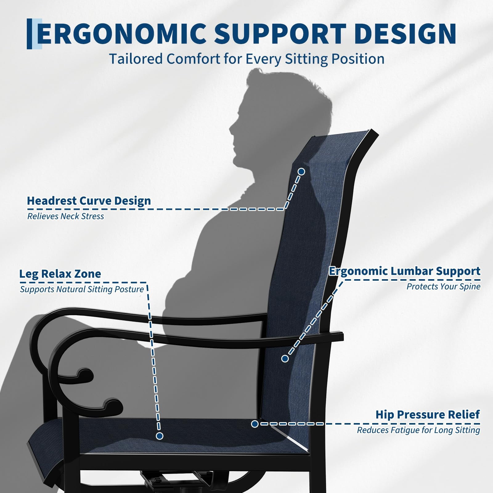 360° Swivel Rocking Patio Chairs Set – High Back, All-Weather Navy Blue ...