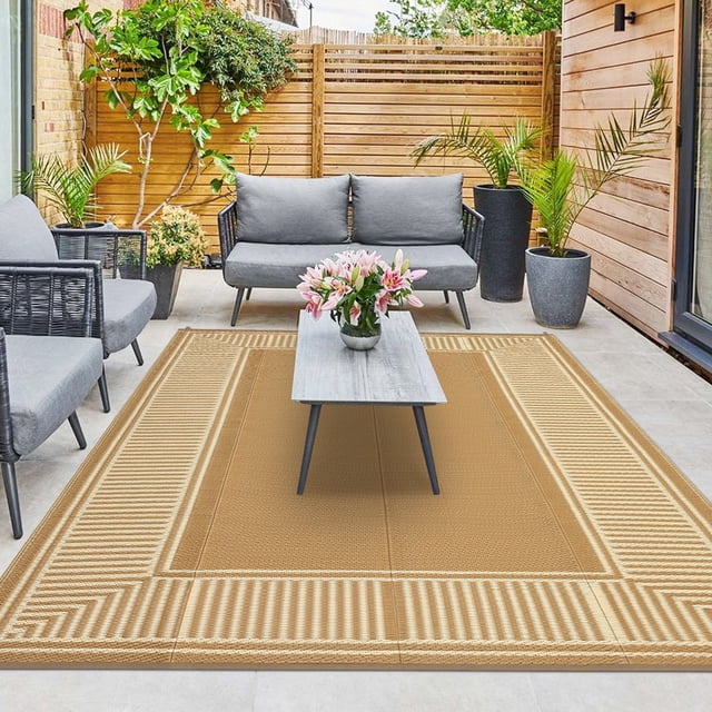 HIWEAVER 9' x 12' Camel Outdoor Rug PP Plastic Straw Woven Waterproof ...