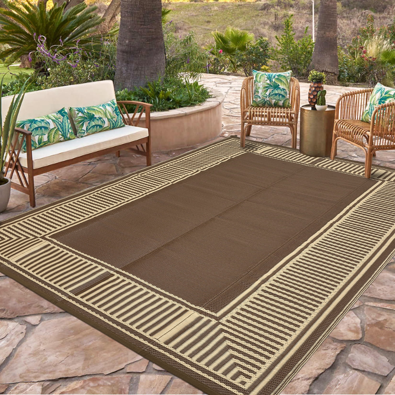 Garvee 9'x12' Outdoor Rug Waterproof Plastic Straw Rug, Modern Bordered ...