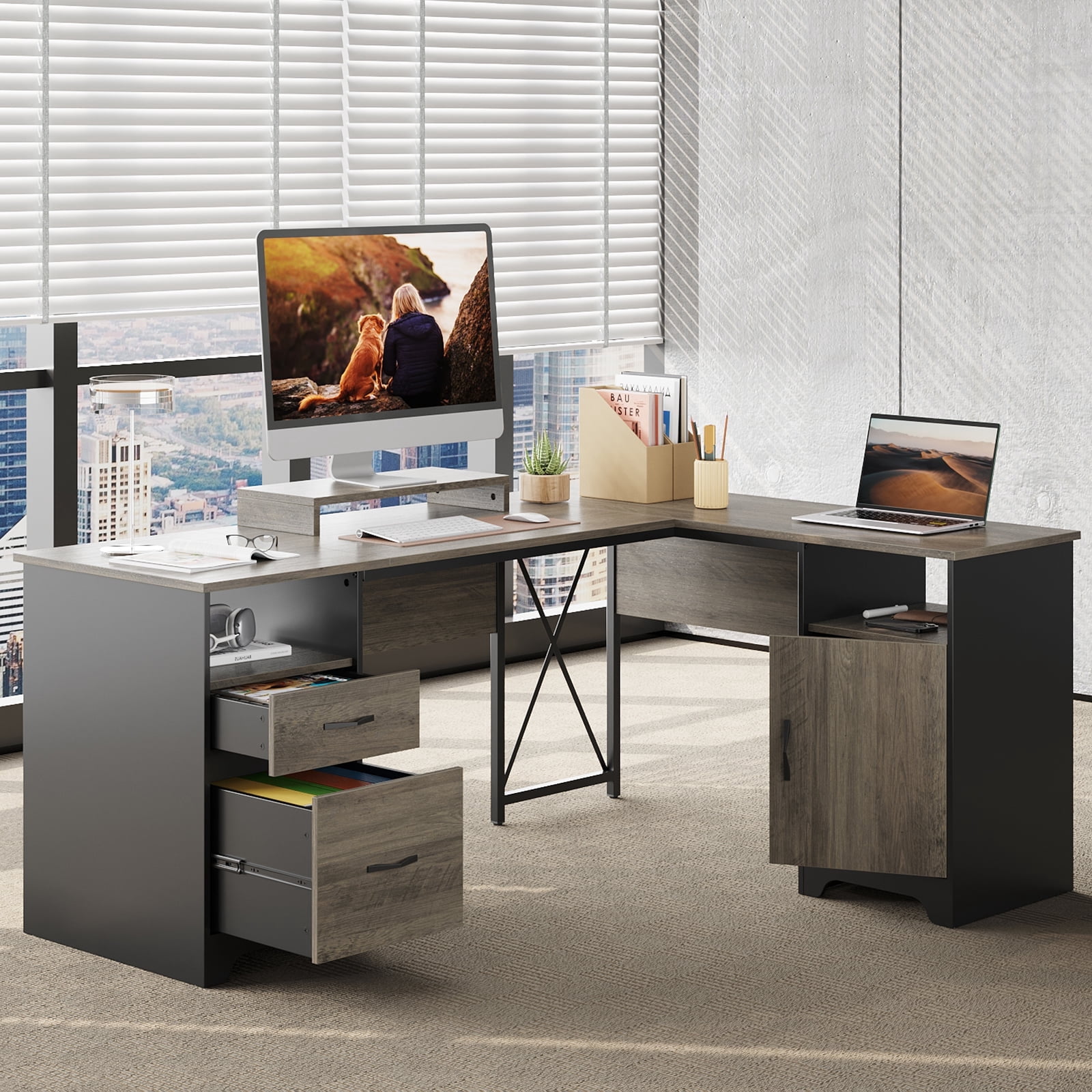 Bestier Bureau en L avec Tiroirs pour Dossiers, Bureau d'Ordinateur de ...