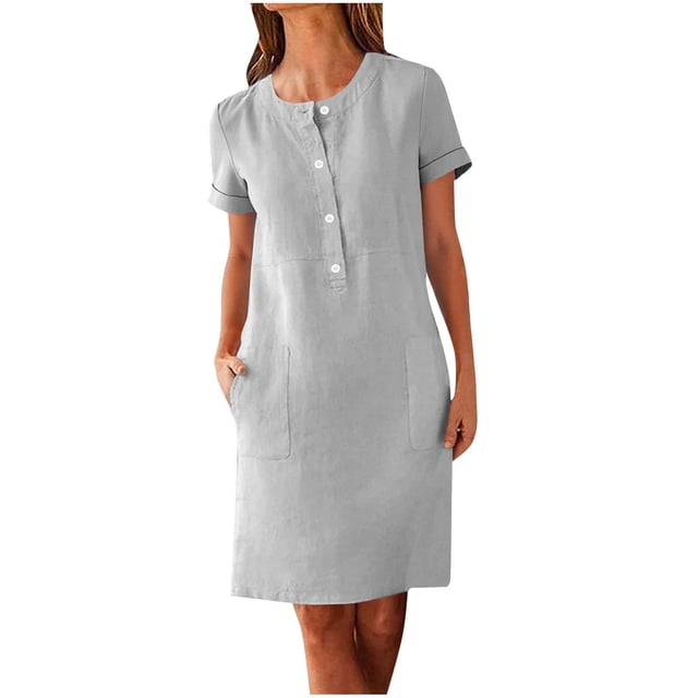 Gray Teen Girls Boat Neck Faux Linen Dresses for Women Short Sleeve ...