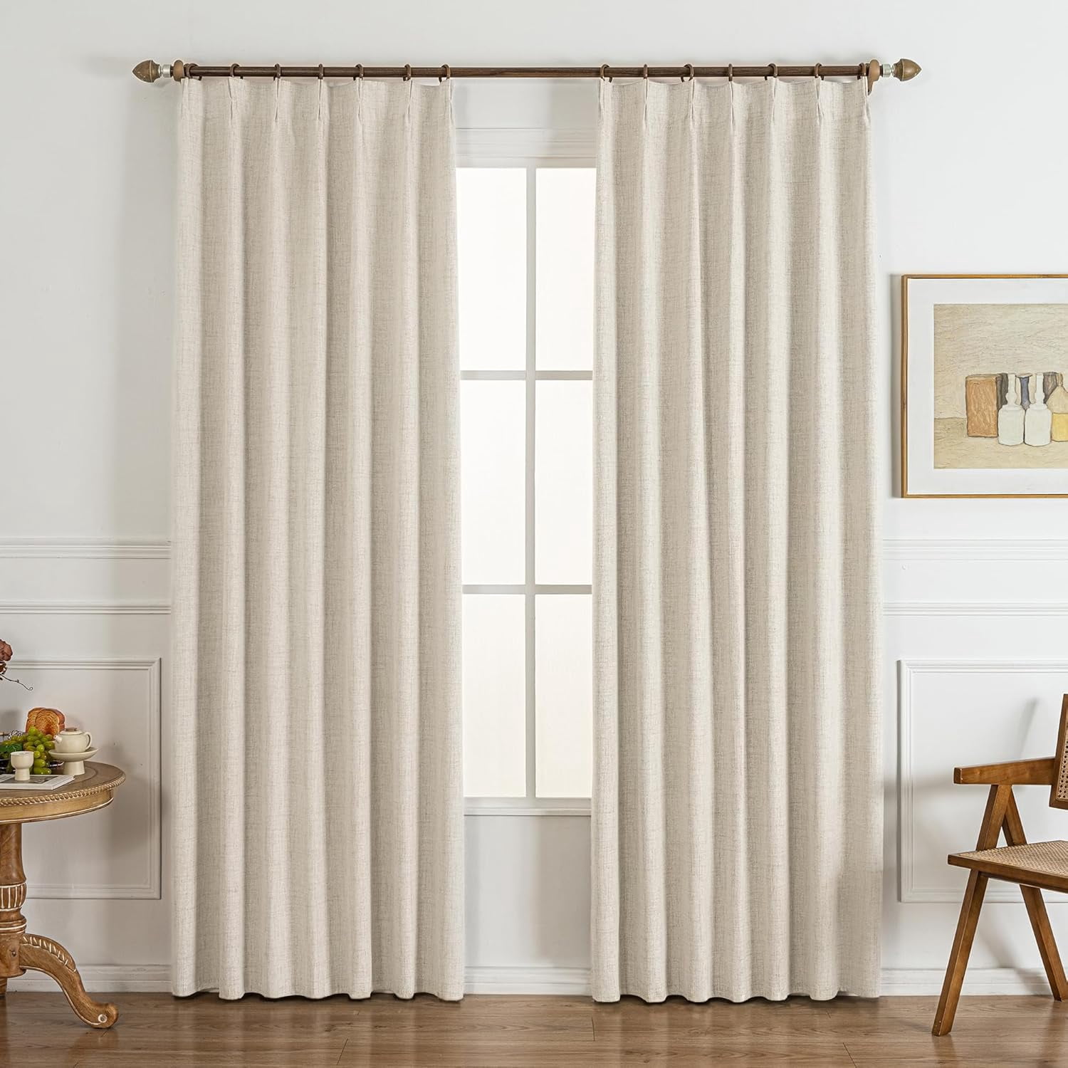 Long Natural Linen P Pleated out Curtains & Drapes Bedroom/Livingroom ...