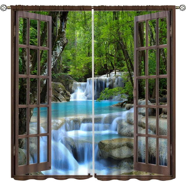 Nature Kitchen Curtains Landscape Theme Spring Forest Lake Mist ...