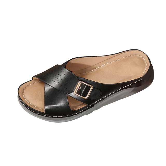 CHGBMOK Womens Sandals Strap Slide with Buckle Detail & Perforations ...