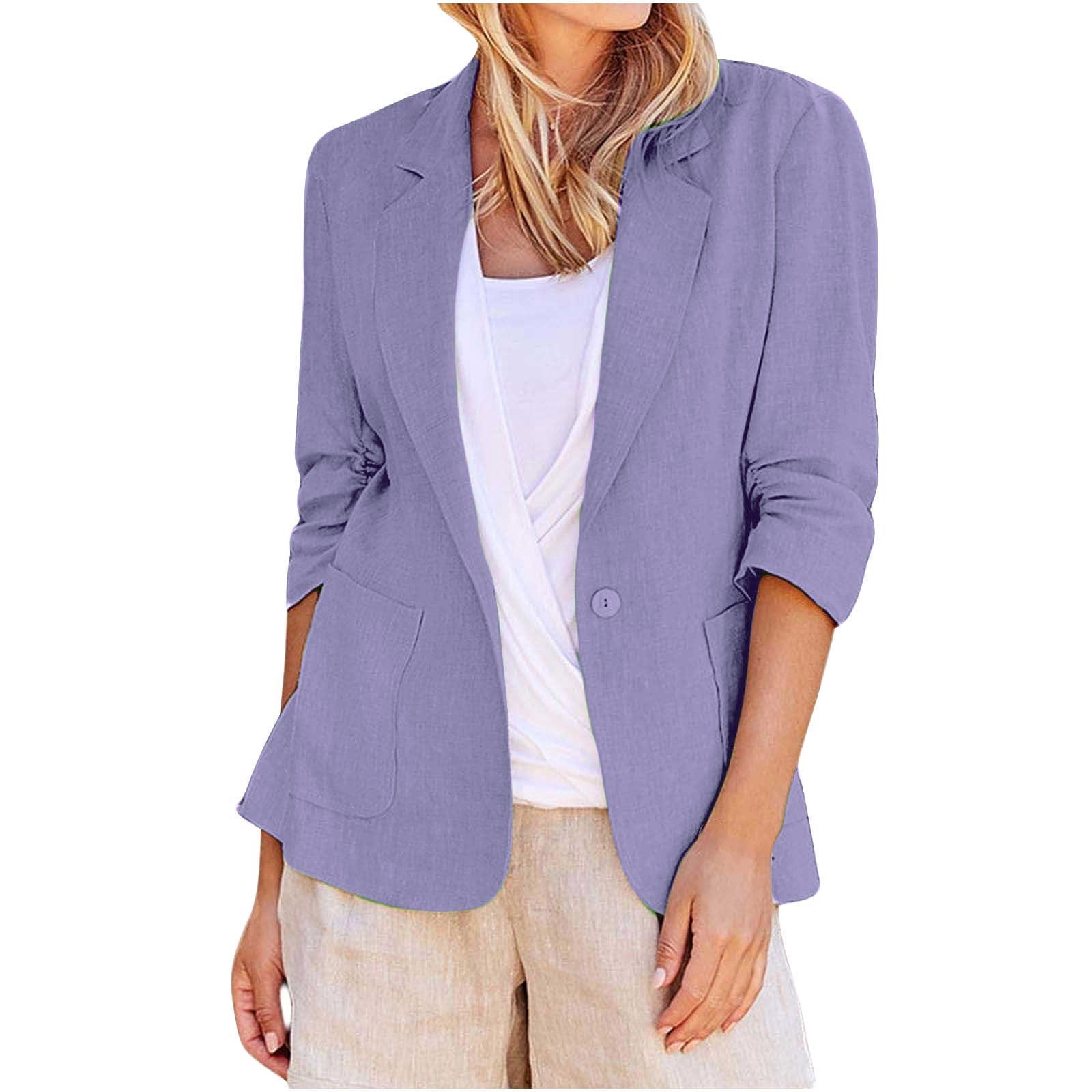 aohooy Linen Blazer Women Summer Lightweight Single Button 3/4 Sleeve ...
