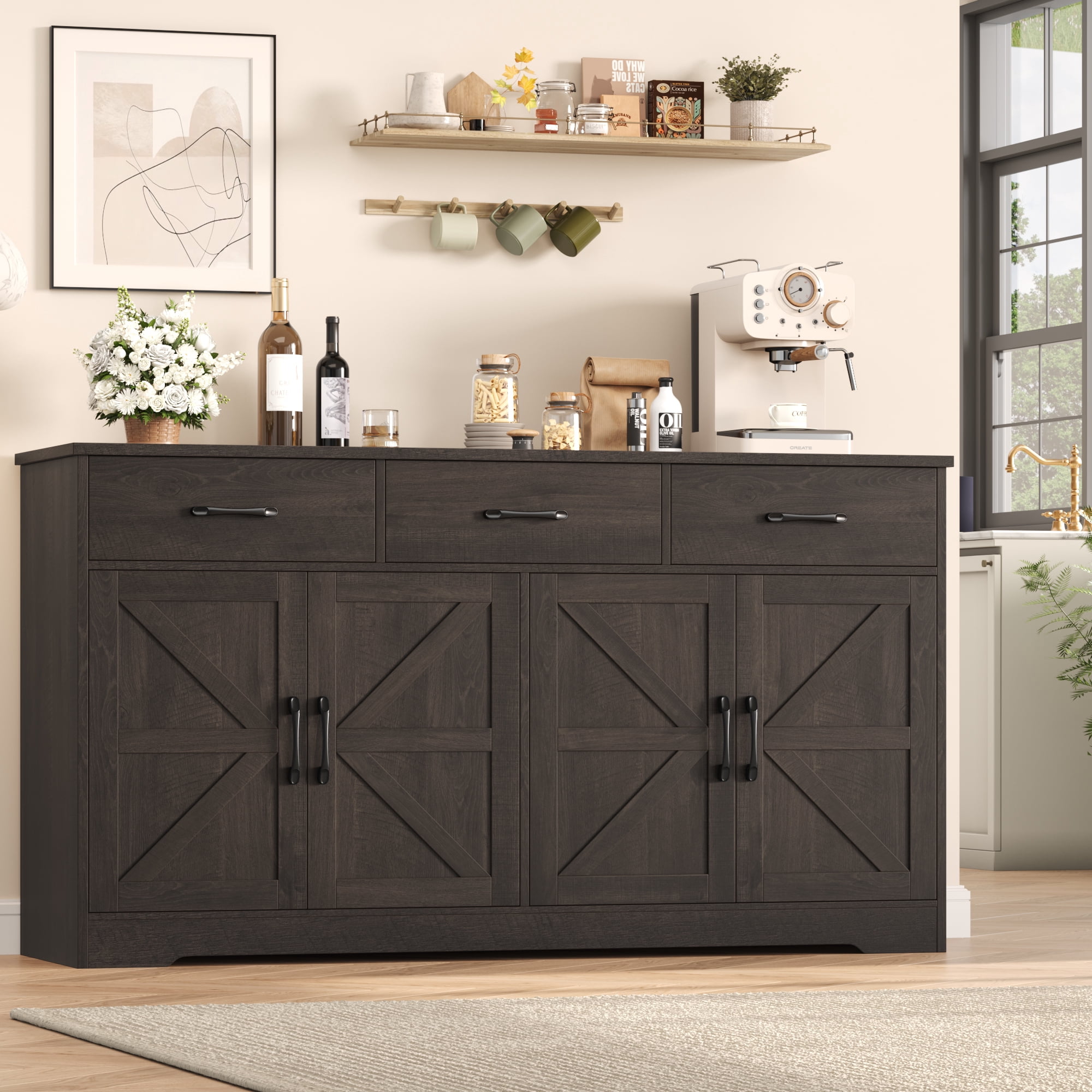Homfa 59"W Farmhouse Kitchen Sideboard Credenza, Lengthen Storage ...