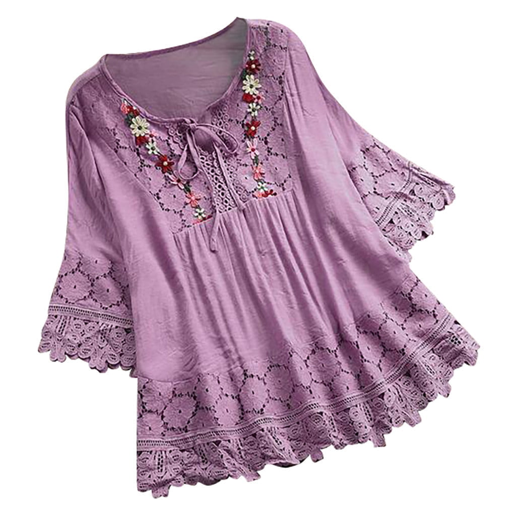 Lixiuxyad Women Vintage Lace Patchwork Bow V-Neck Three Quarter Blouses ...