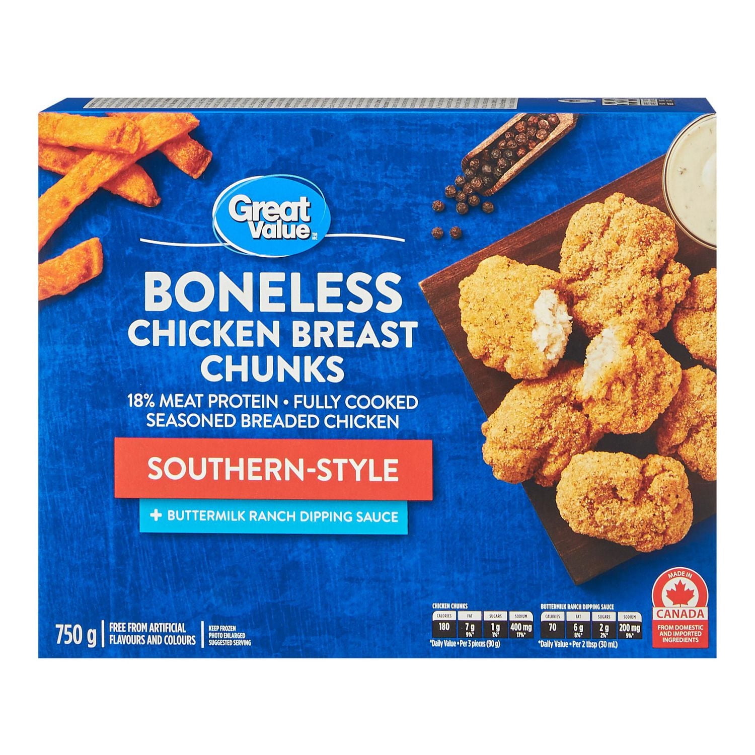 Great Value Frozen Boneless Chicken Breast Chunks Box, 750 g, 750 g ...