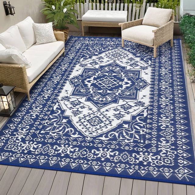HIWEAVER 8' x 10' Navy/White Outdoor Rug PP Plastic Straw Woven ...