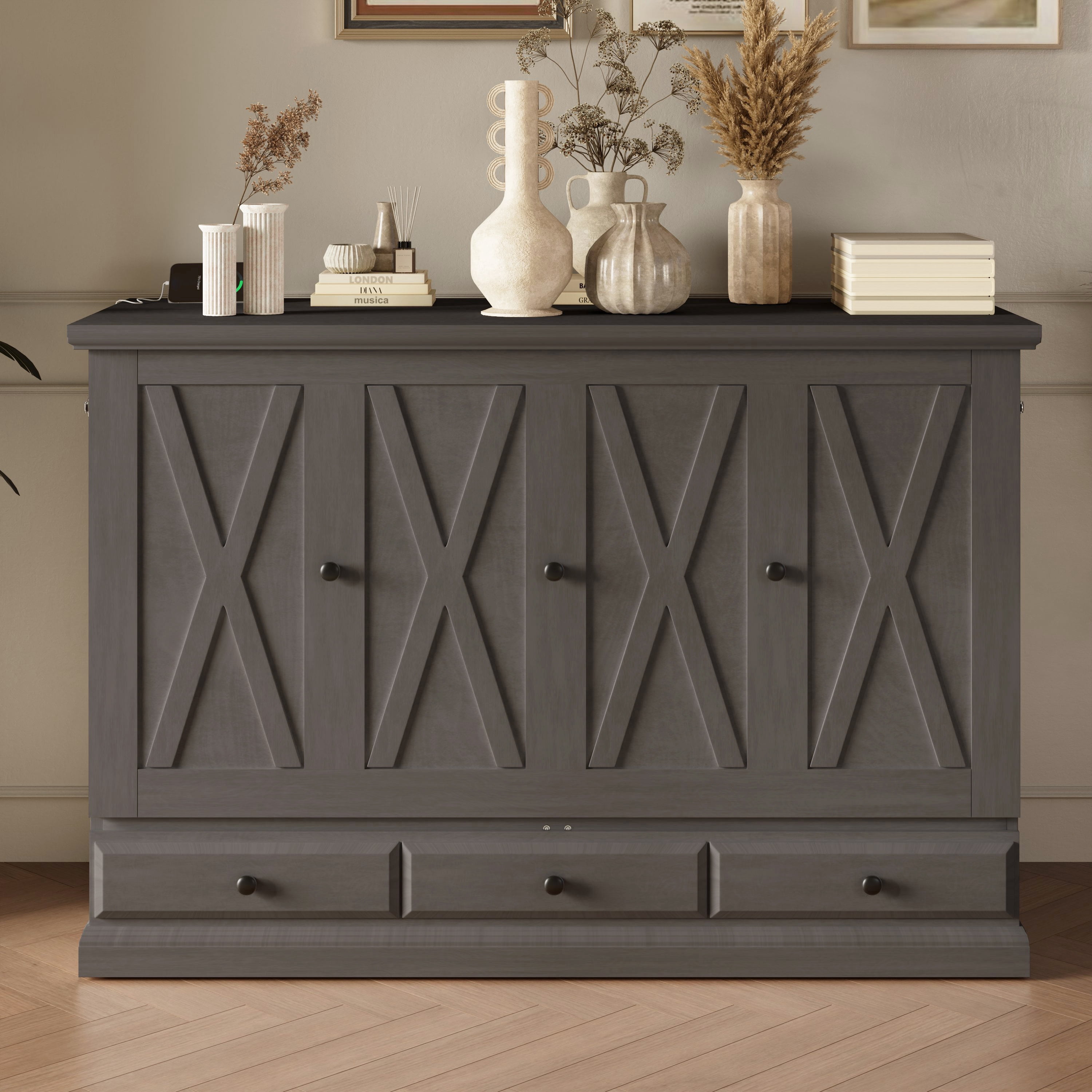 Noble House Full Size Farmhouse Solid Pine Wood Murphy Bed Cabinet,Cube ...