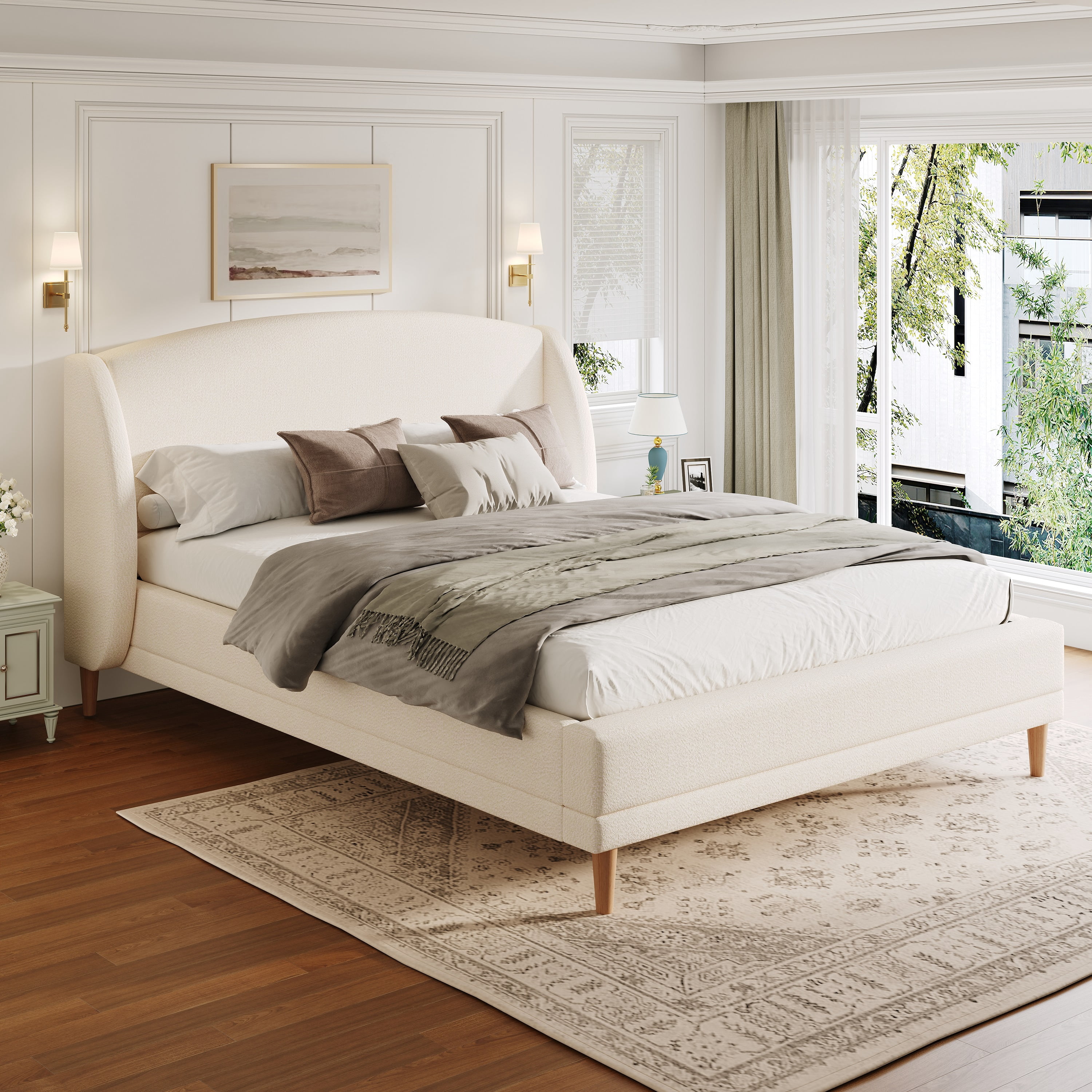 Noble House Hazel Queen Size Bed Frame with Wingback Headboard,Boucle ...