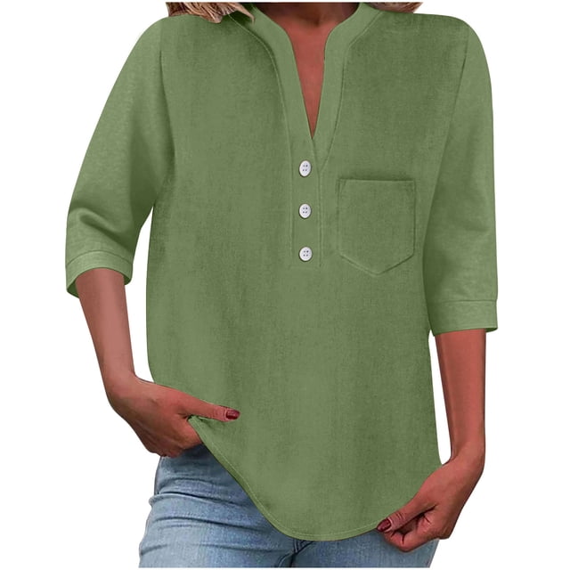 Lenpel Women's 3/4 Sleeve Tops V Neck Half Button Solid Color Business ...