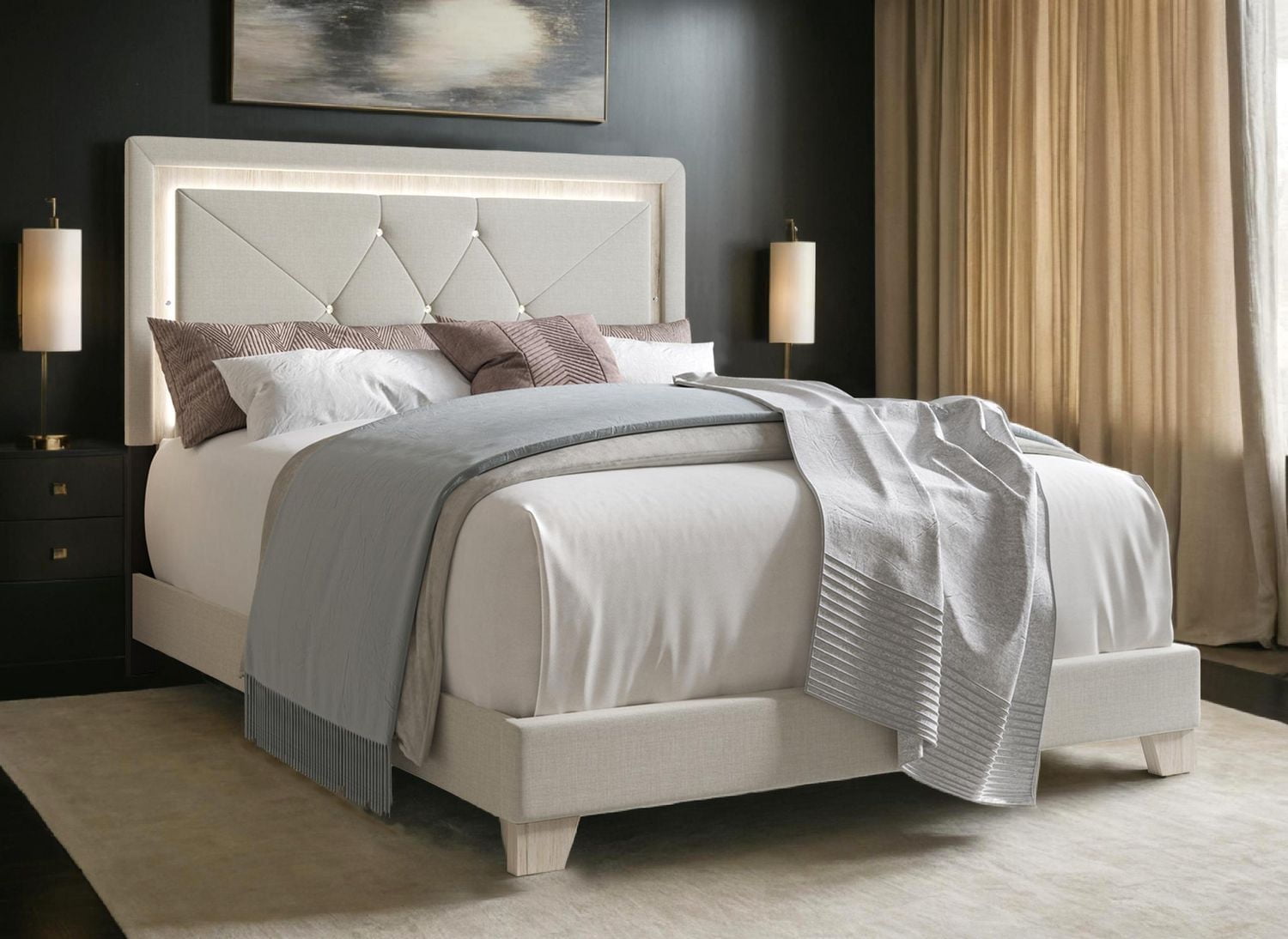 K-Living Bash Fog Colored Linen Fabric King Bed with LED light! BOX ...
