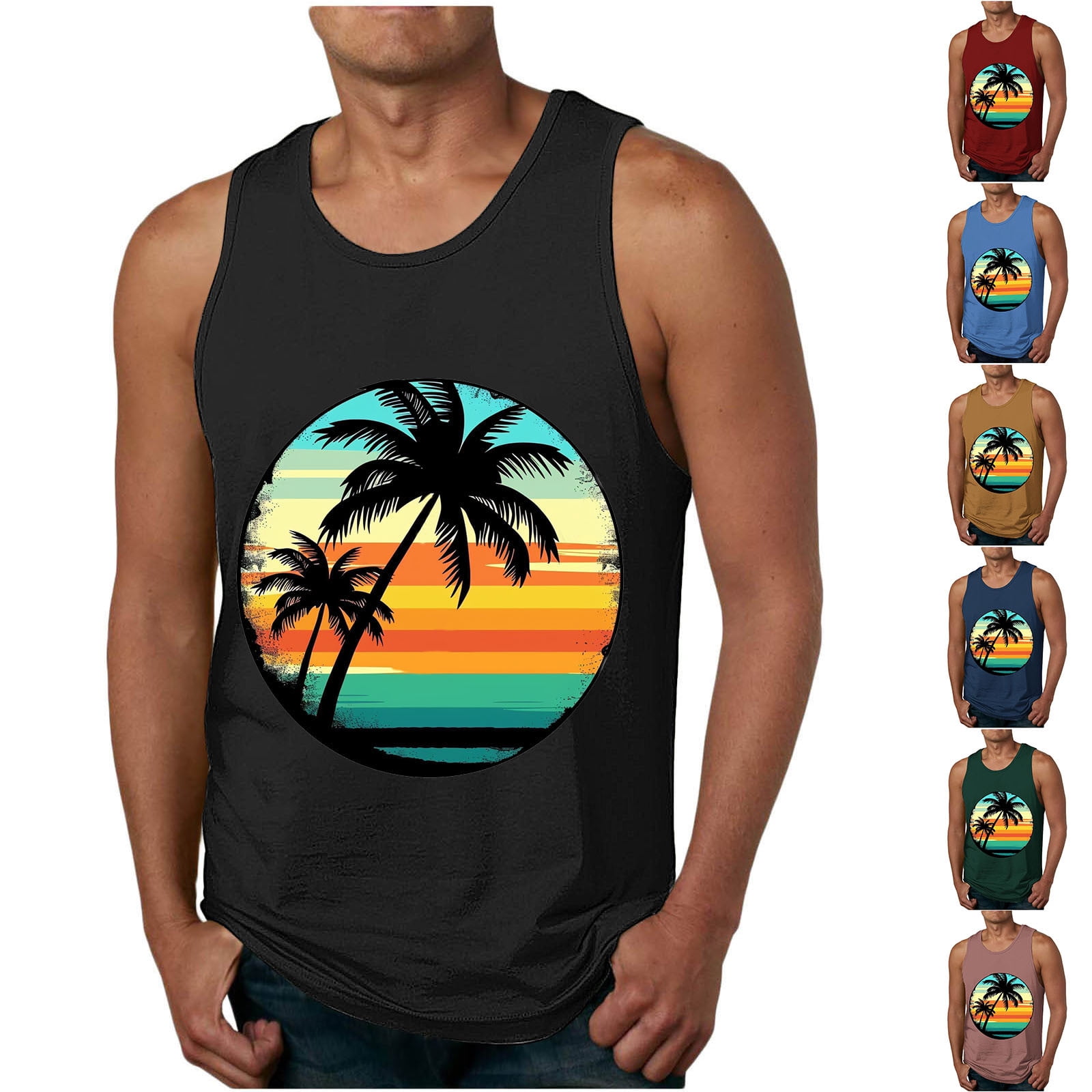 Aboser Mens Workout Tank Tops Summer Gym Muscle Shirt Hawaiian Beach ...