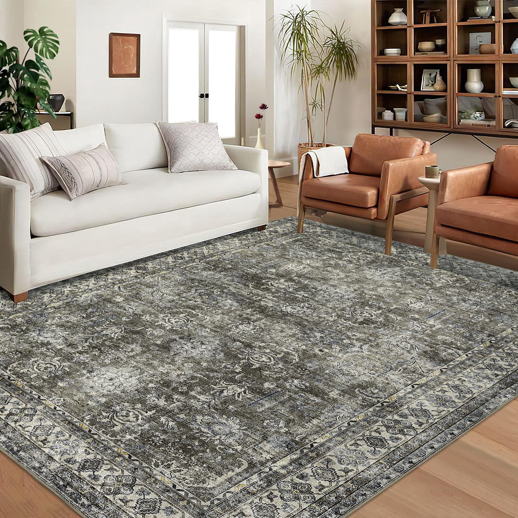 Vintage Oriental Floral Runner Rug, Tribal Style, Beige, Non-Slip, Low ...