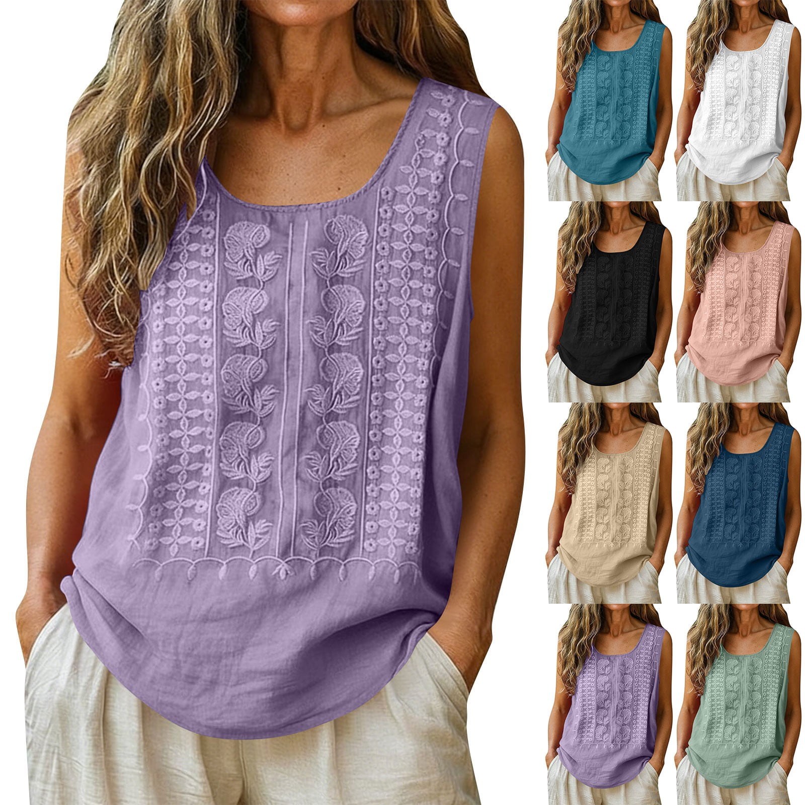 Brqkzdu Embroidered Tank Tops for Women Sleeveless Crew Neck Cotton ...