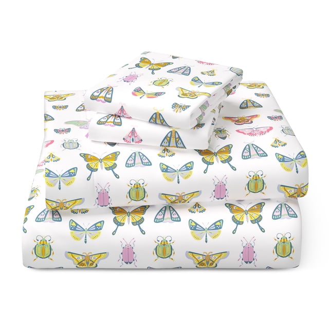 Mainstays Kids Microfiber Bed Sheet Set, Double, Butterfly, 4 Pieces ...