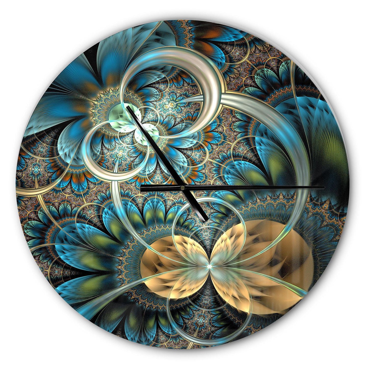Designart 'Symmetrical Blue Gold Fractal Flower ' Modern wall clock ...