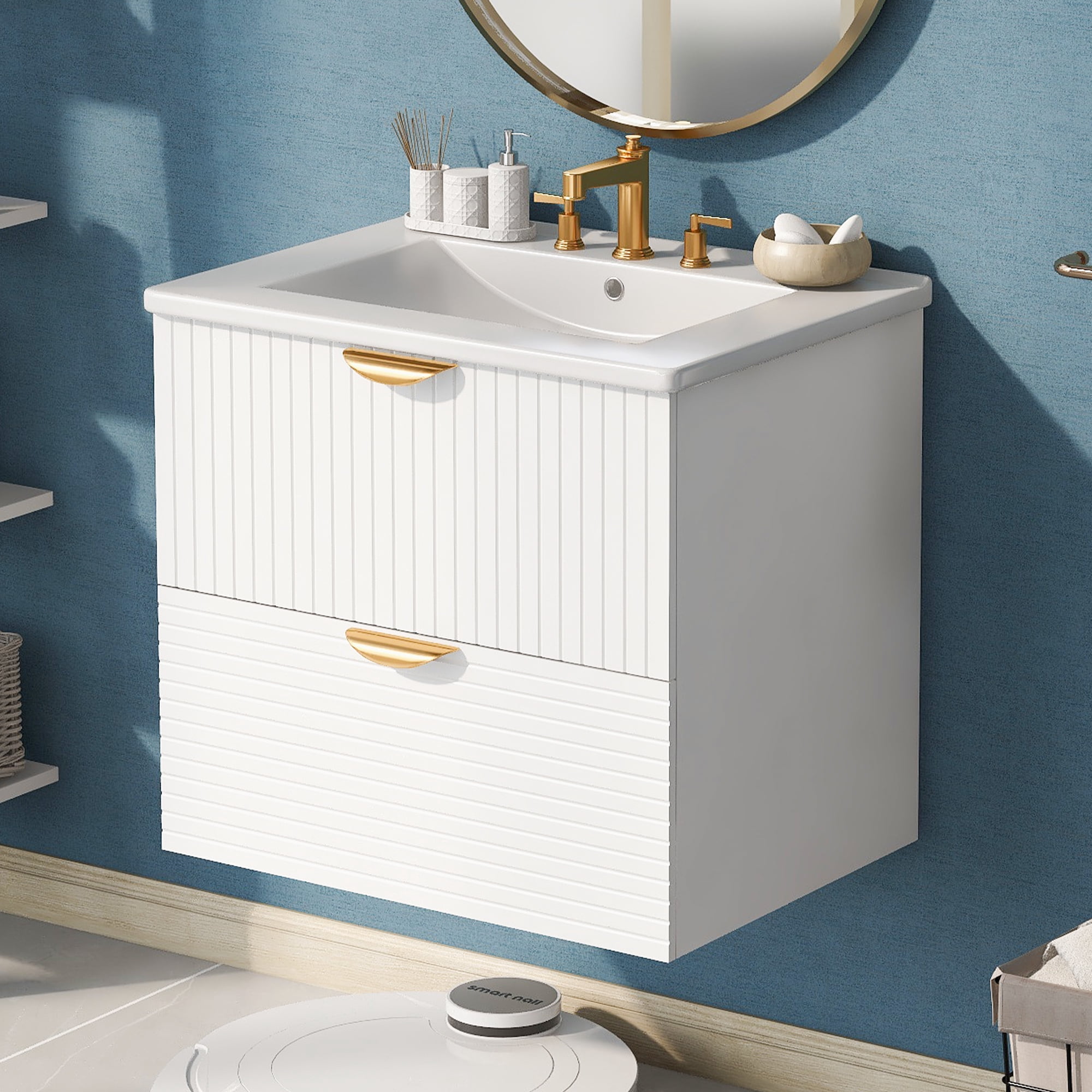 Noble House 24" Wall-Mounted Bathroom Vanity with Ceramic Sink & 2 ...