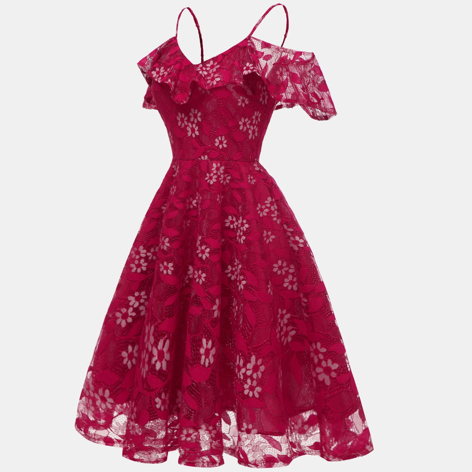 WREESH Women Lace Off-The-Shoulder Sling Short Sleeves Party Dress ...