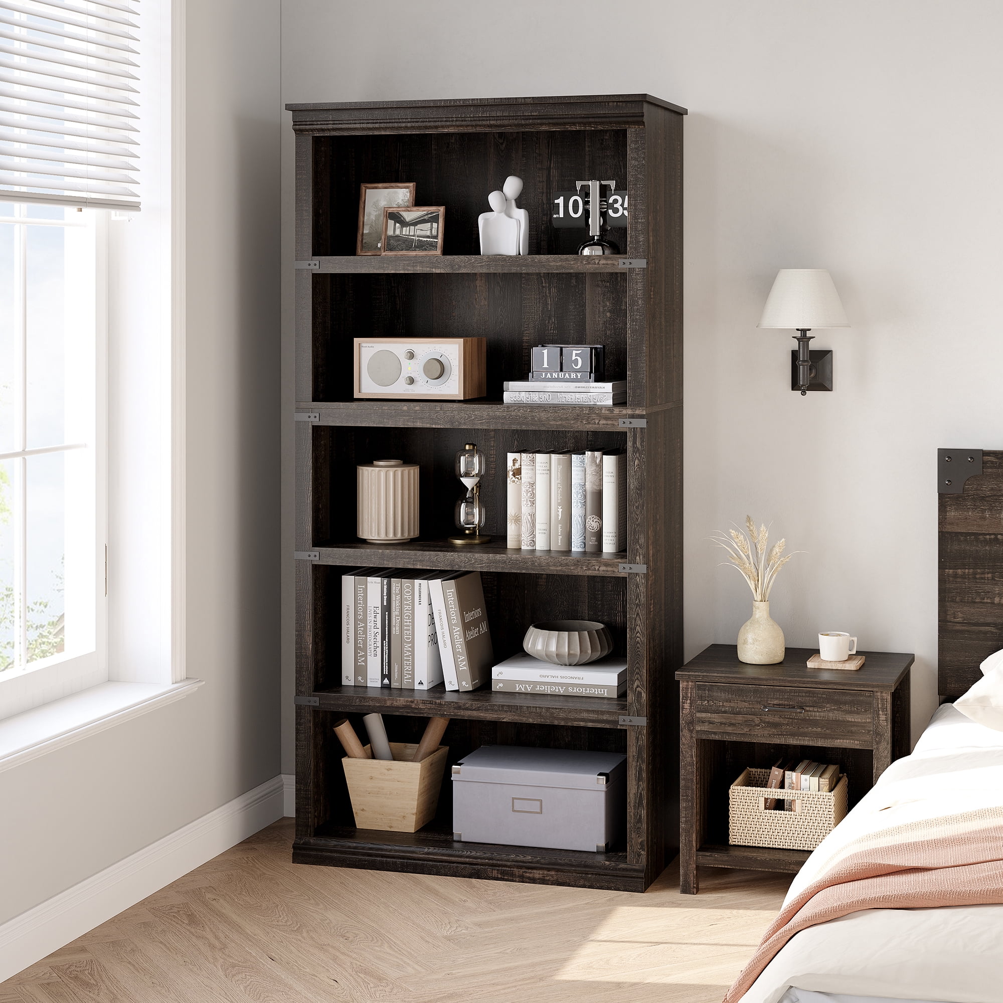 BeesClover Wooden Bookcase, Farmhouse Storage Book Shelf with Display ...