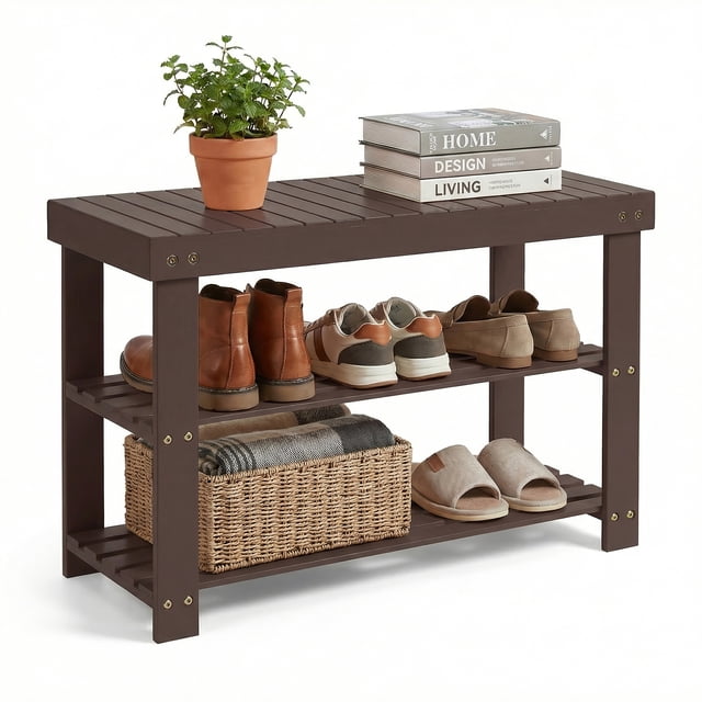 3-Tier Brown Bamboo Shoe Rack Bench for Entryway – Sturdy Shoe ...