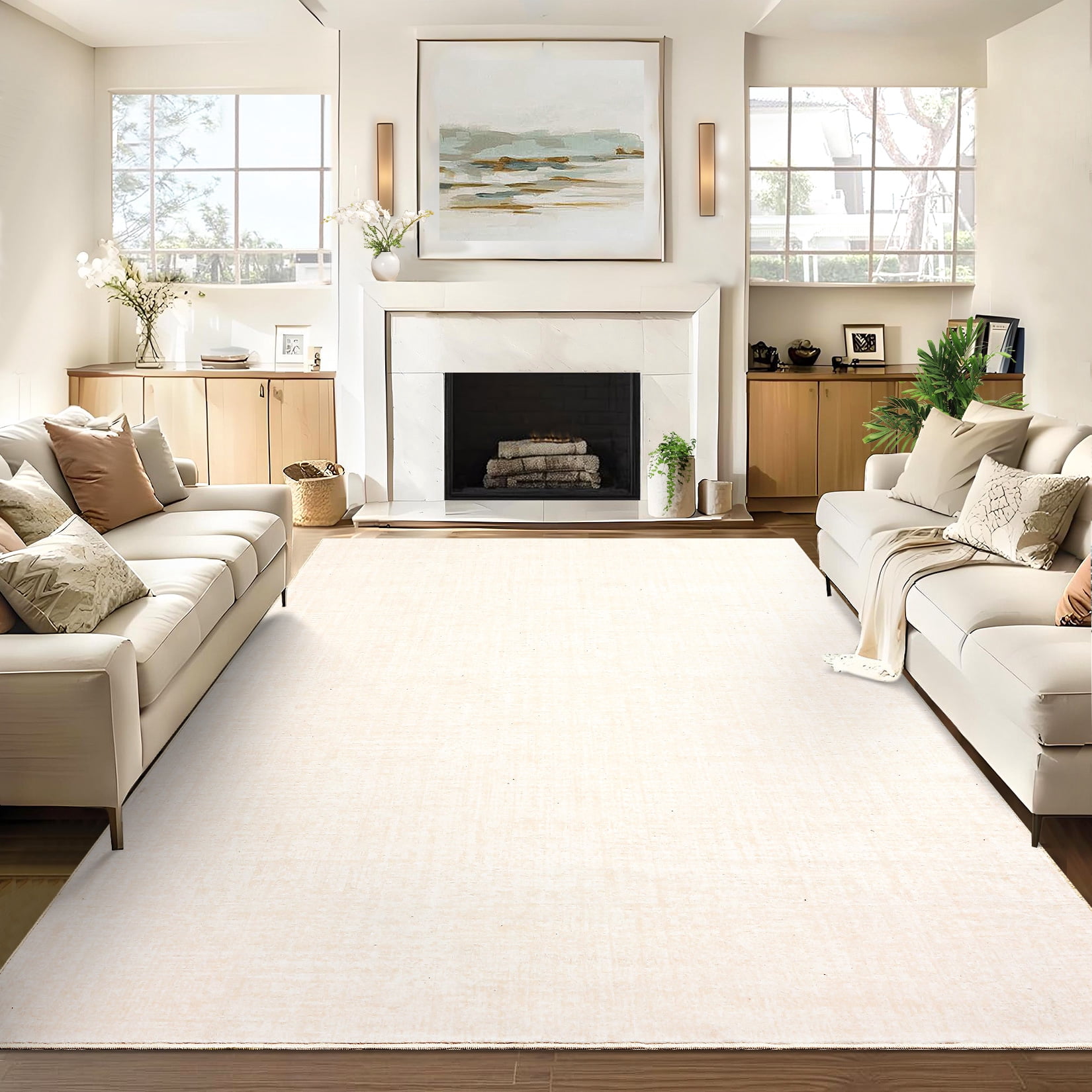 GOGRANT Washable Area Rug 8x10 ft Off White Modern Pearl Velvet Faux ...