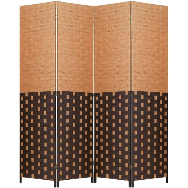 FDW 4-Panel Folding Room Divider Wood Screen with Mesh Woven Design ...