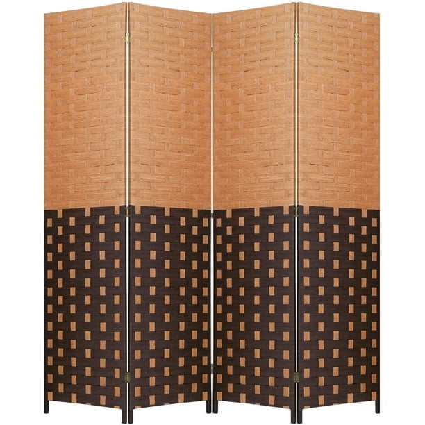 FDW 4-Panel Folding Room Divider Wood Screen with Mesh Woven Design ...
