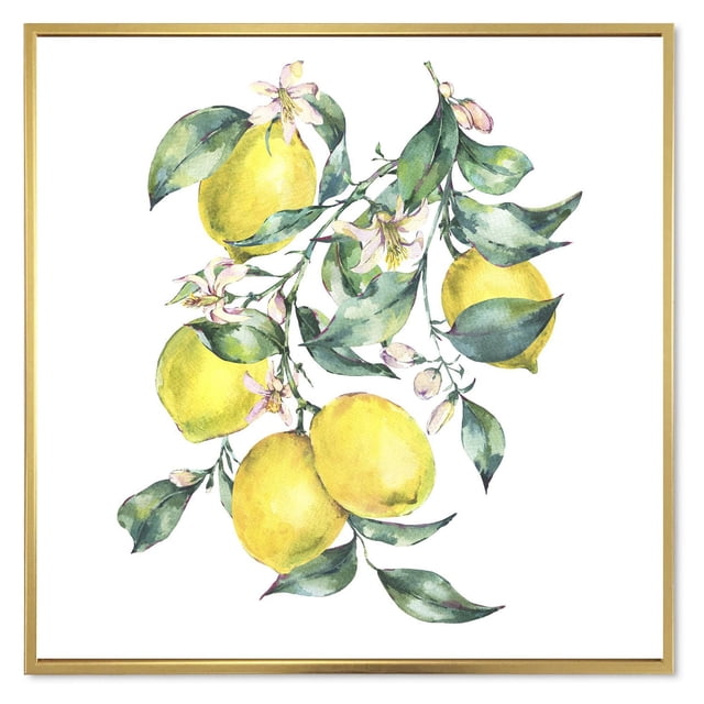 Designart Branch of Yellow Lemons and Leaves I FLOAT FRAME WALL ART ...