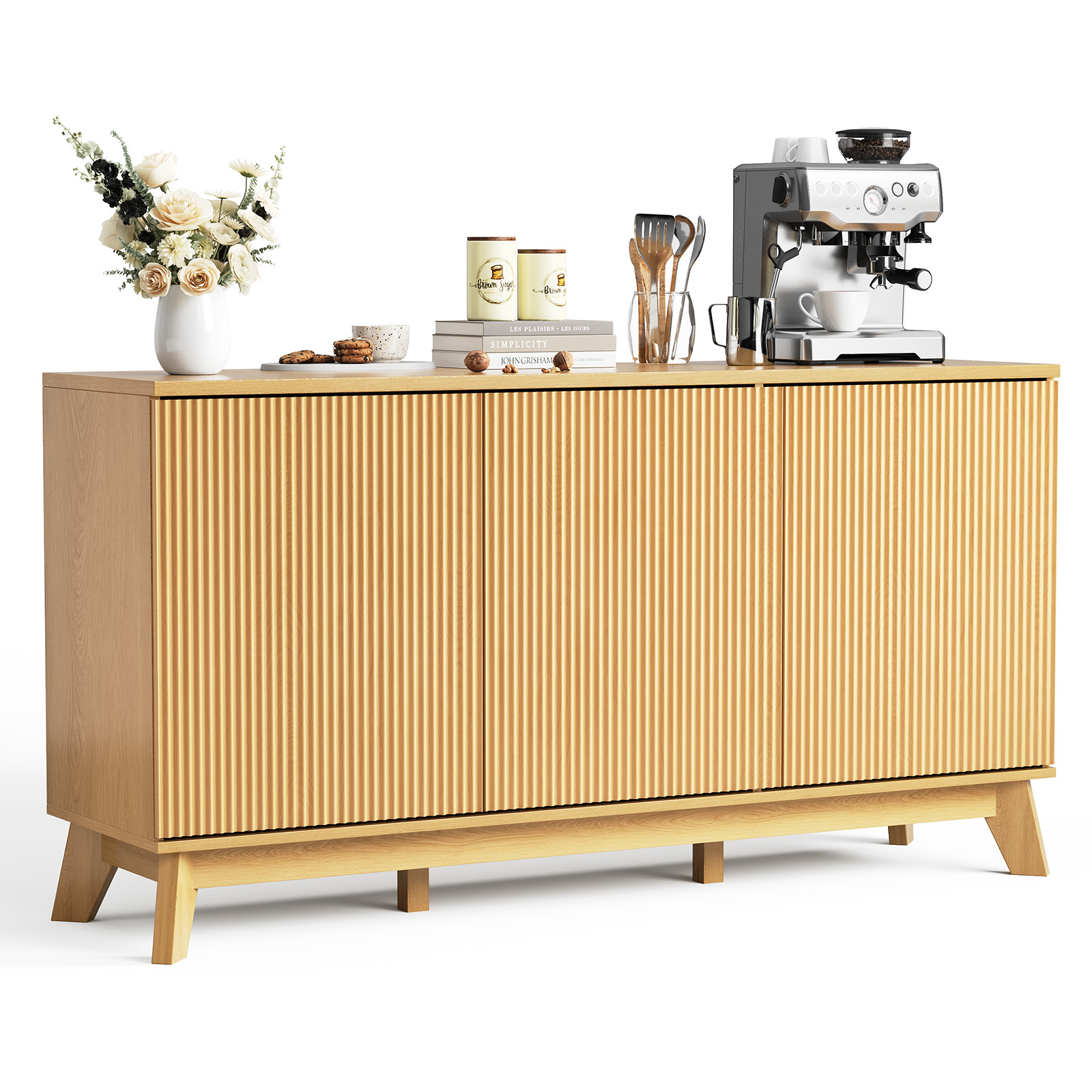 58 inch Modern Farmhouse Fluted Sideboard Buffet Cabinet with Curved ...