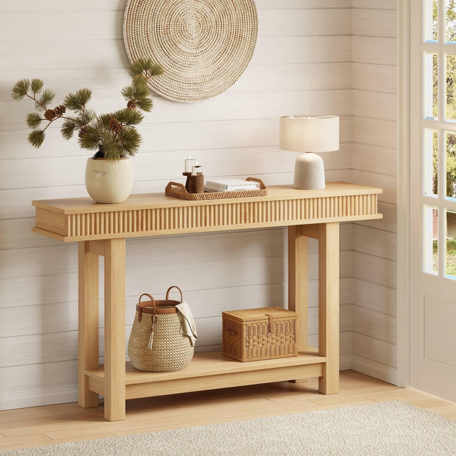 Fluted Wood Console Table – 2-Tier Narrow Sofa & Entryway Table ...