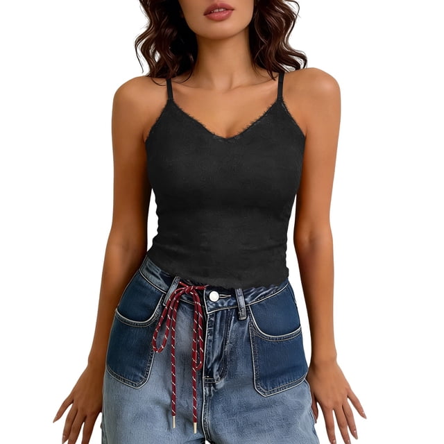 VSSSJ Womens Lace Tank Top V Neck Padded Camisole Tops Spaghetti Straps ...
