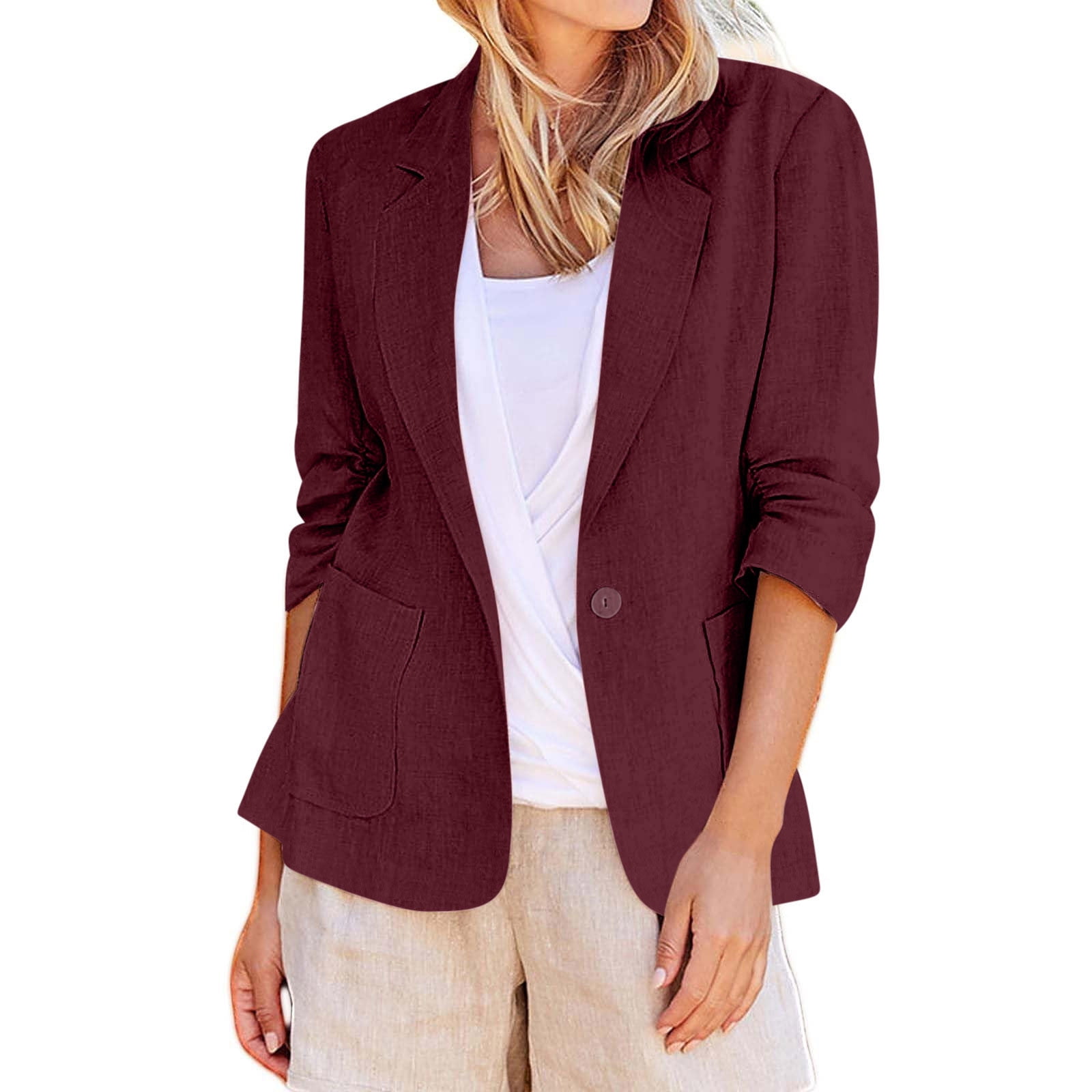 aohooy Linen Blazer Women Summer Lightweight Single Button 3/4 Sleeve ...