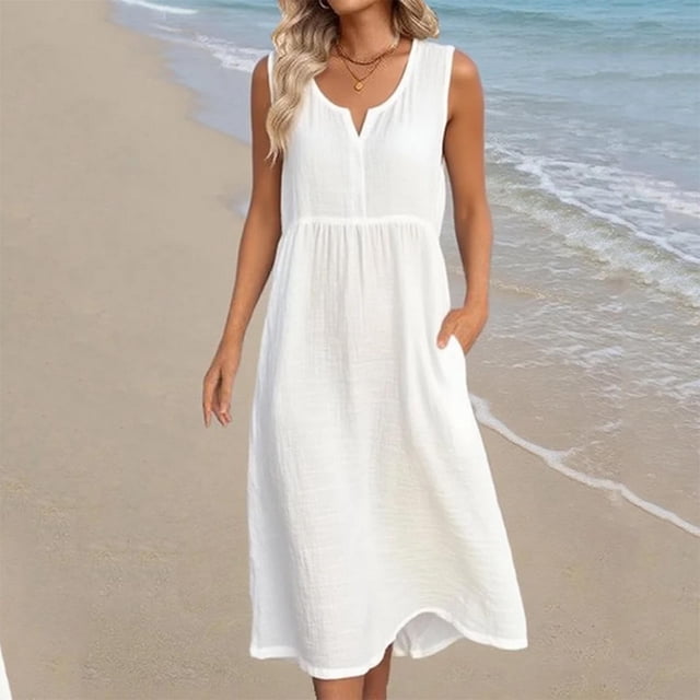 Roncen Cotton V Neck Summer Dresses for Women Casual Button Up A Line ...