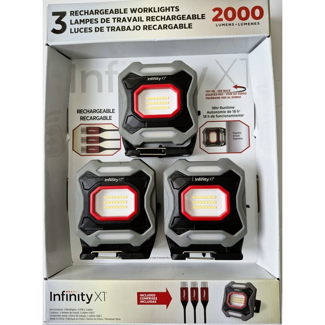 Infinity X1 Rechargeable LED Work Lights – 2000 Lumens, 3-Pack with USB ...