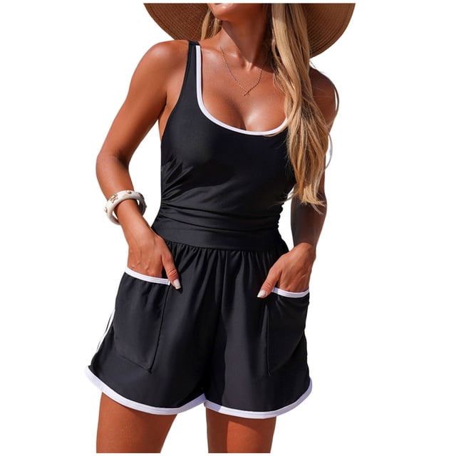 Ltctricy Swim Rompers for Women Sleeveless Scoop Neck Ruched Color ...