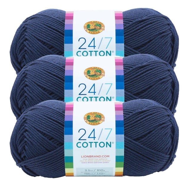 Lion Brand Yarn 24/7 Cotton Navy Medium Mercerized Cotton Yarn 3 Pack ...