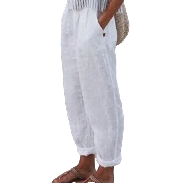 Timegard Pants for Women Cotton Linen Straight Leg Elastic Waist Fall ...