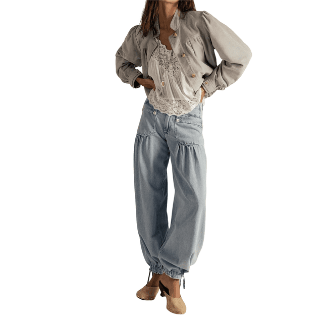 Women's Lotus Tube Jeans Mid Rise Baggy Wide Leg Jeans Ruffle Pleated ...