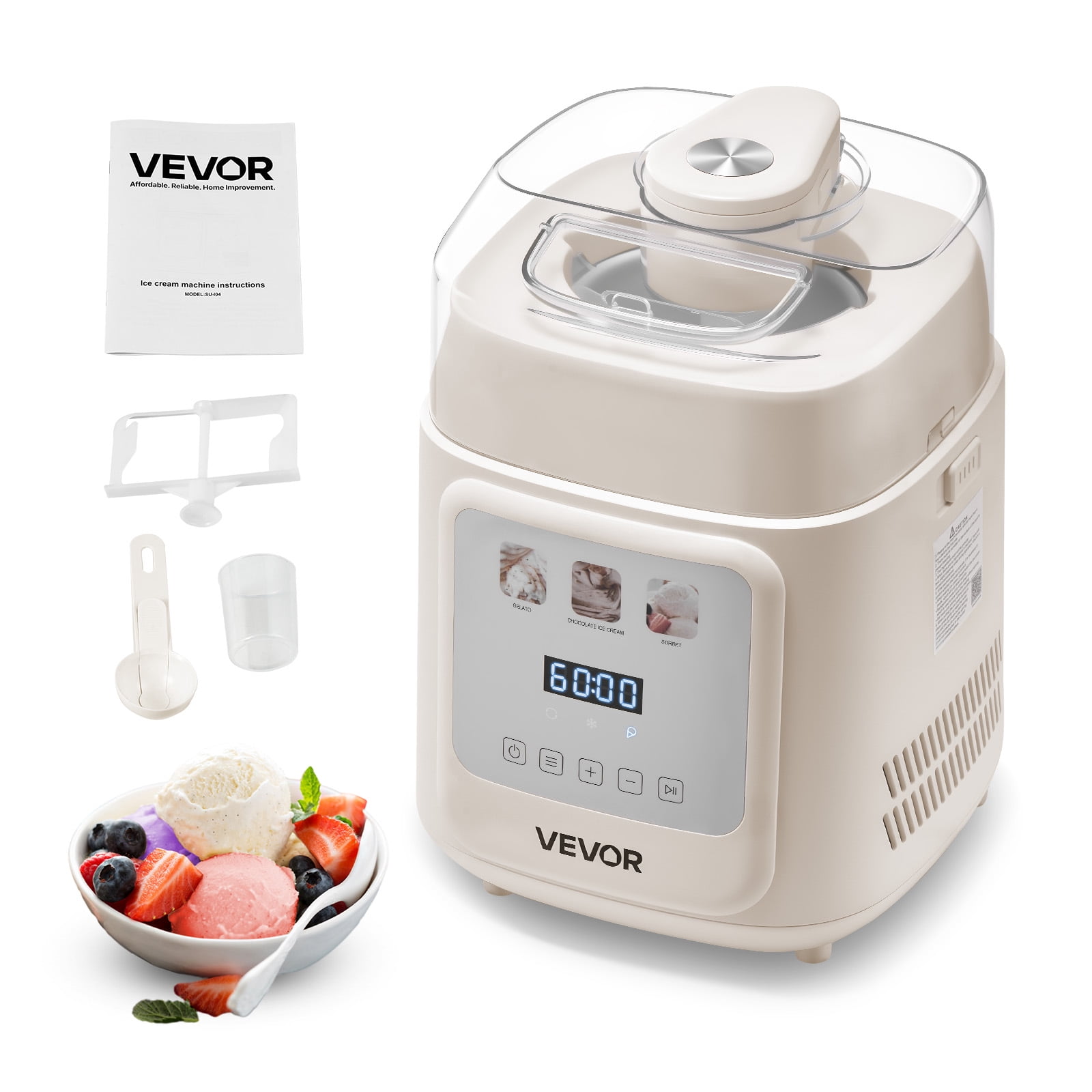 VEVOR 1 Quart Automatic Ice Cream Maker with Built-in Compressor No Pre ...