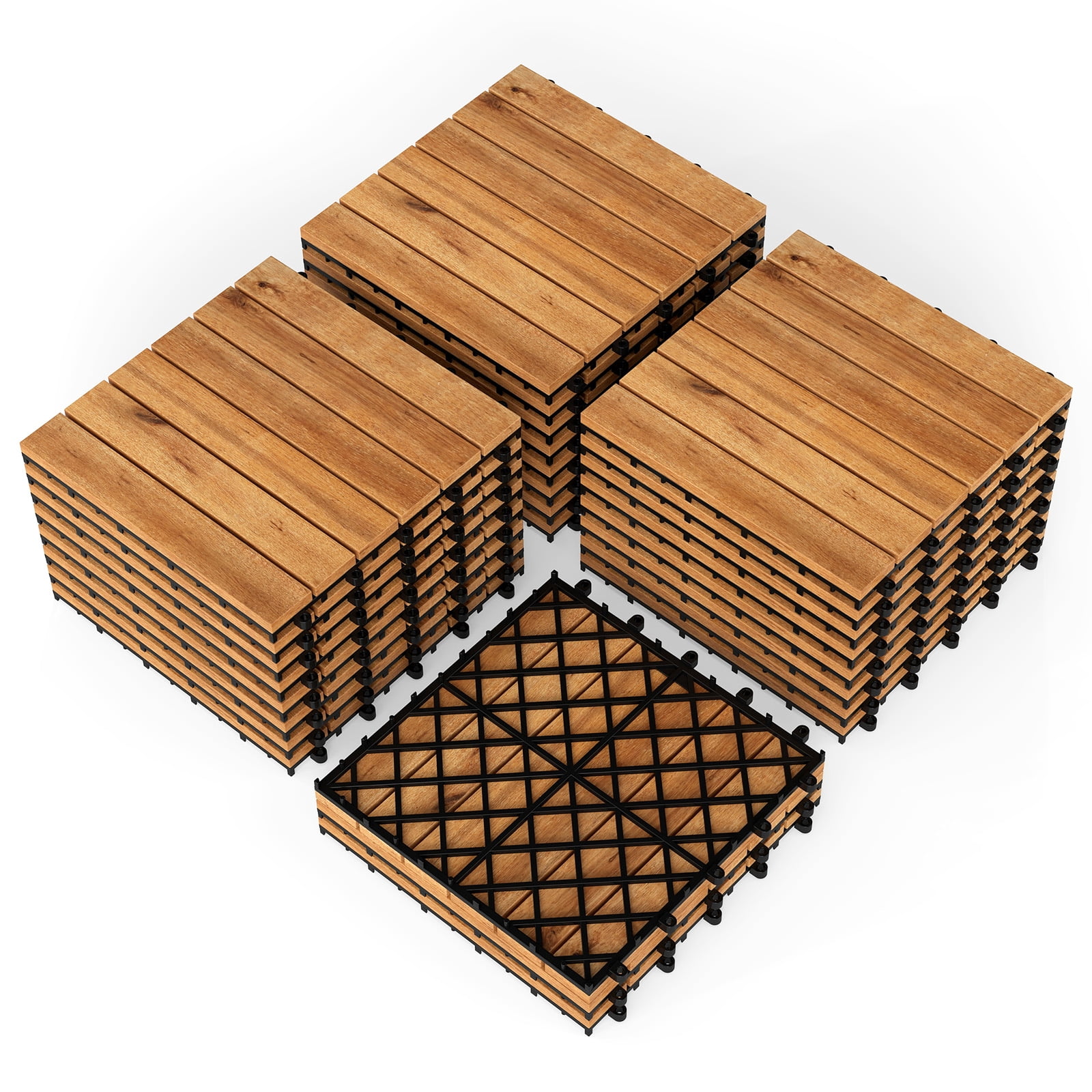 Costway 12" x 12" Acacia Wood Interlocking Deck Tiles, 54 PCS ...