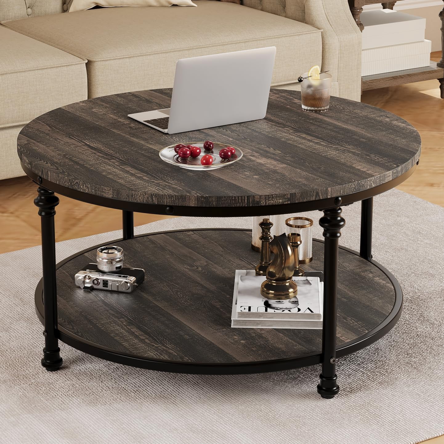 IdeaHouse Round Coffee Table for Living Room Rustic Center Table with ...